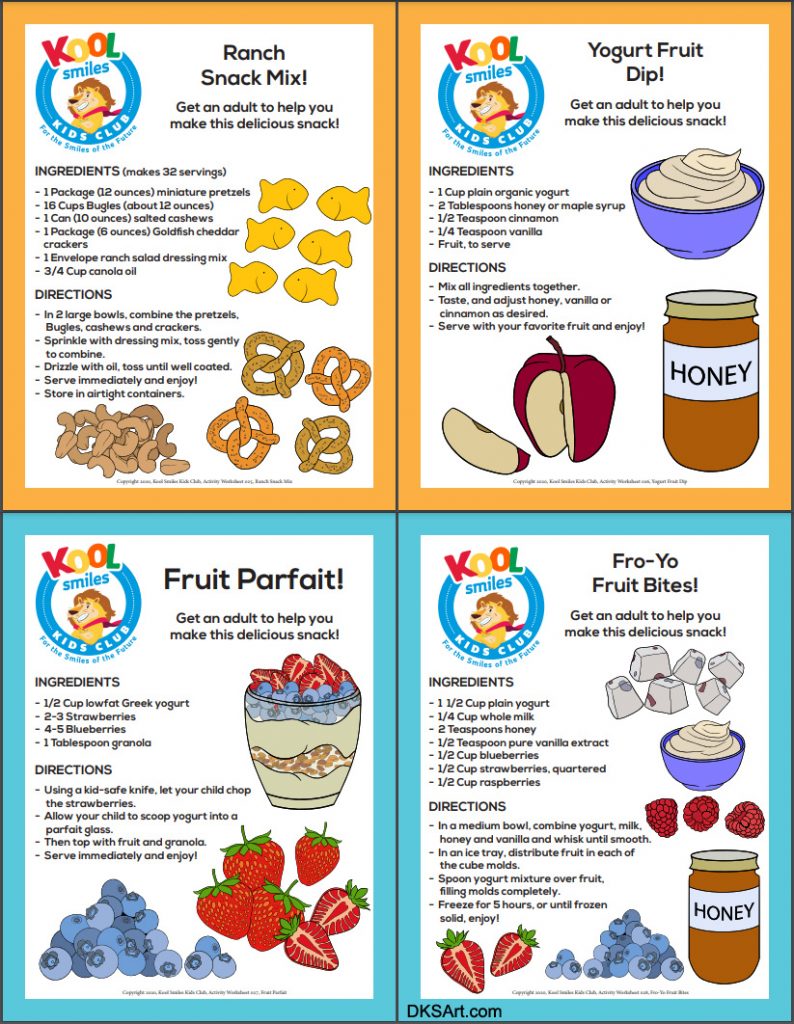Healthy Fruit Snacks Activity Worksheets 25 to 28 for Kool Smiles Kids Club